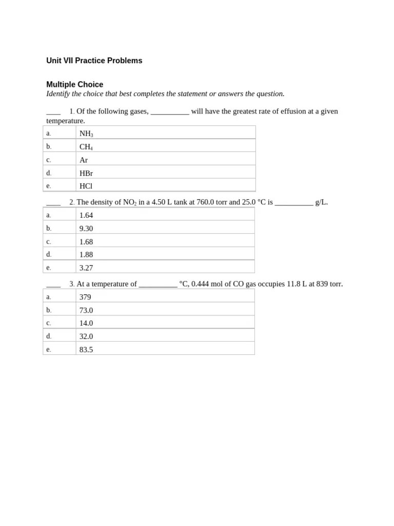 Unit Vii Gas Law Practice Problems Pdf