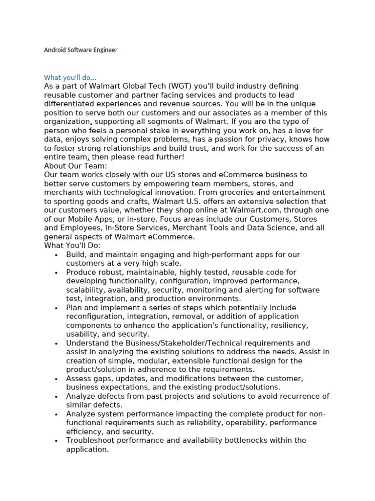 Walmart Gt Android Software Engineer Pdf Android Operating