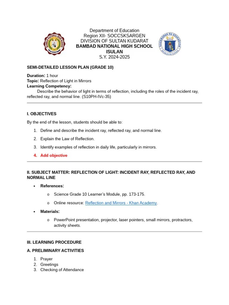 Lesson Plan Pdf Mirror Reflection Physics