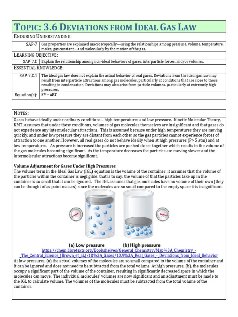 3 6 Deviation From Ideal Gas Law Student Key Pdf Gases Temperature