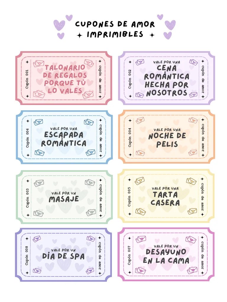 Cupón De Amor Vales Para San Valentín Cumpleaños Imprimibles Románticos