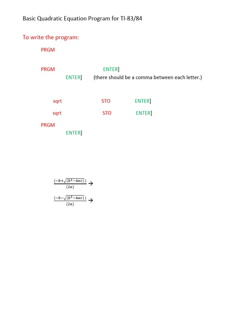 Basic Quadratic Equation Program For Ti Pdf