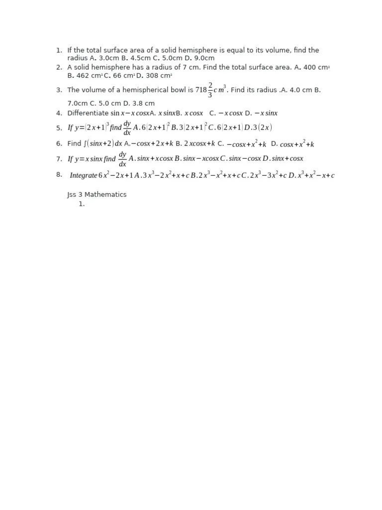 Mathematics Ss3 Test 2025 Pdf