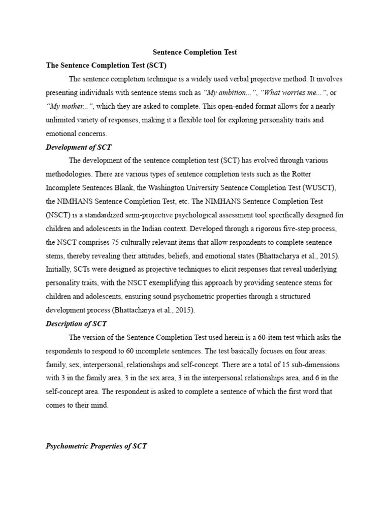 Sentence Completion Test Pdf Self Esteem Self Concept