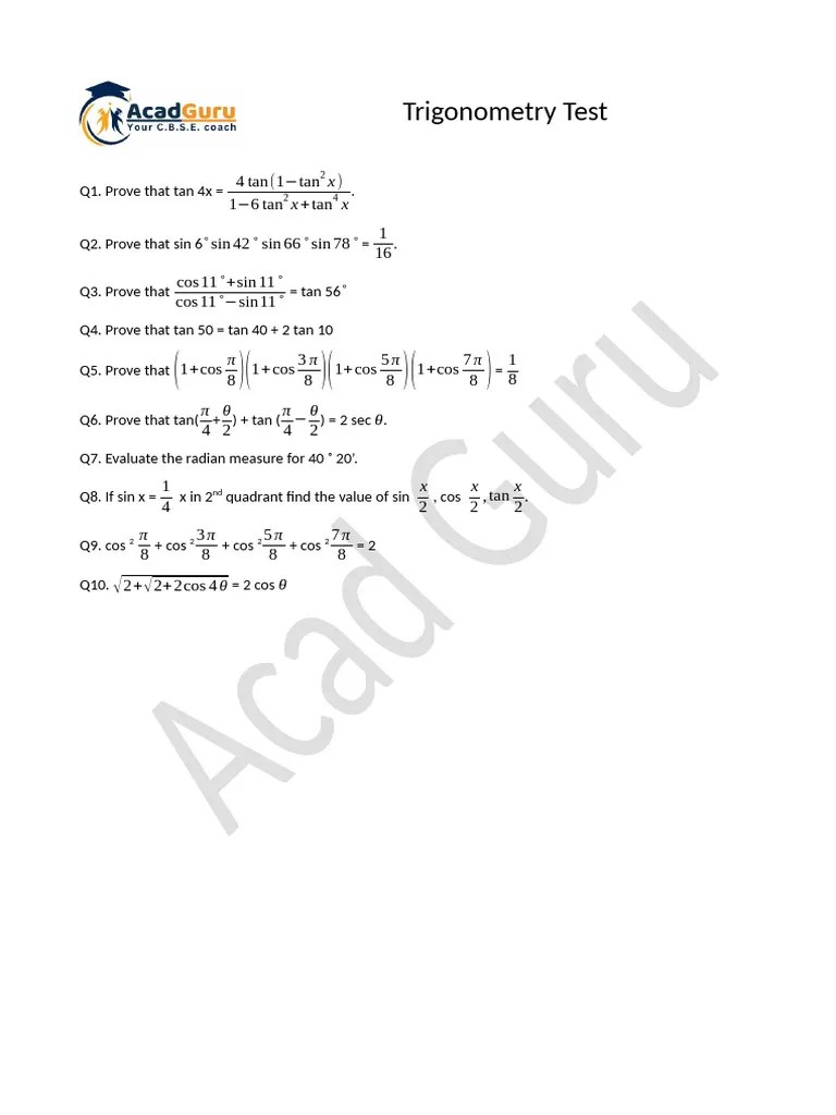 Trigonometry Test Pdf