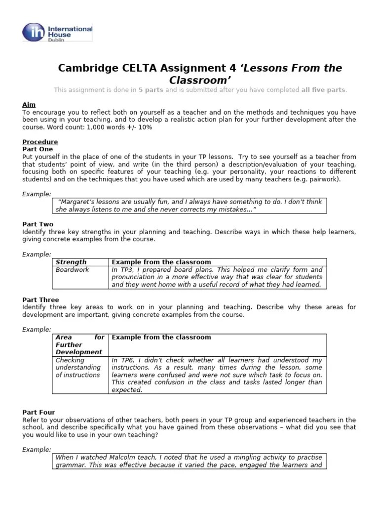 Celta Assignment 4 Classroom Insights Pdf Teachers Learning