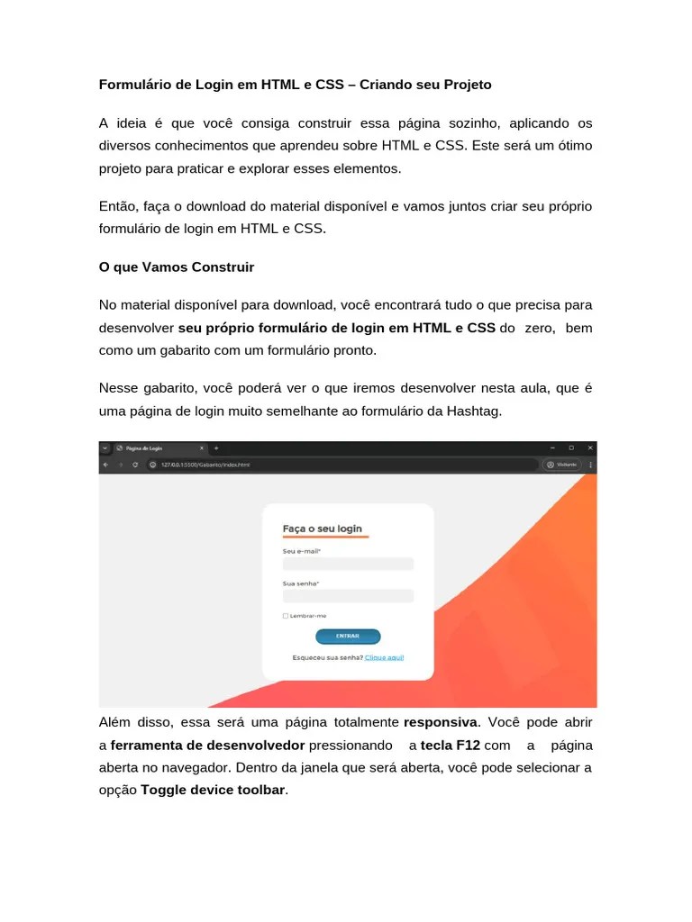 Formulário De Login Em Html E Css Pdf Html Informática