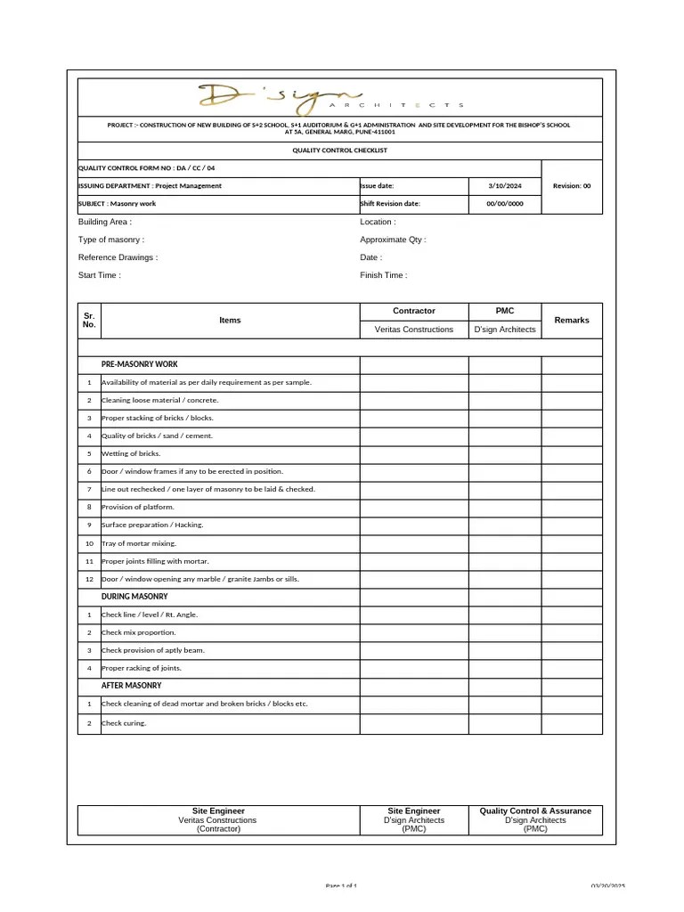 Masonry Work Checklist Pdf Masonry Brick