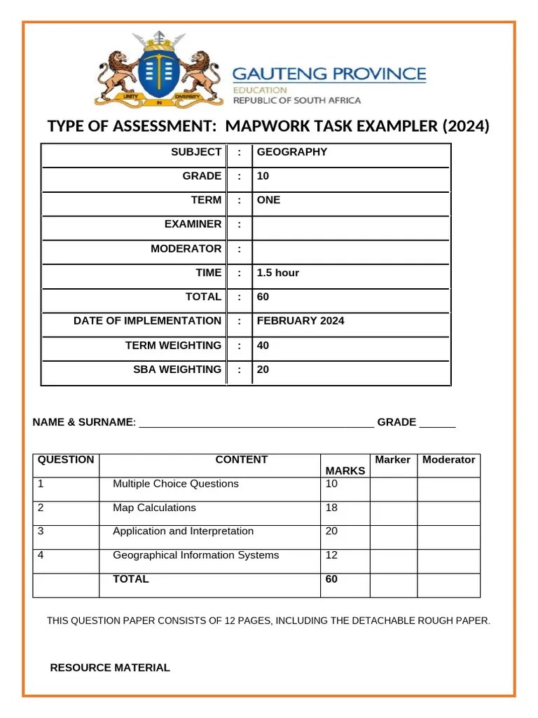 Grade 10 Geography Mapwork Task 2024 Pdf Contour Line Topography