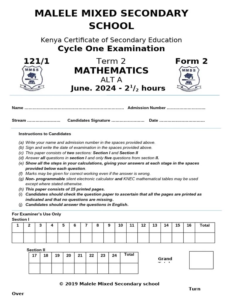 Maths Form 2 Mid Term 2 2024 Pdf Area Circle