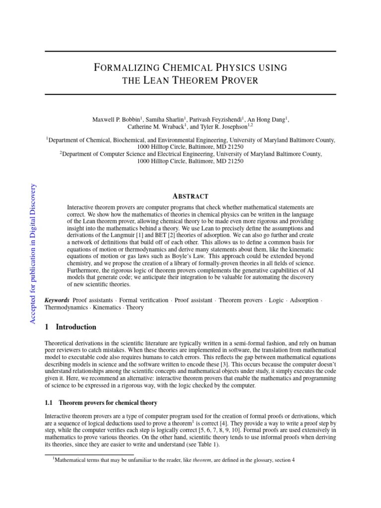 Formalizing Chemical Physics Using The Lean Theorem Prover Pdf