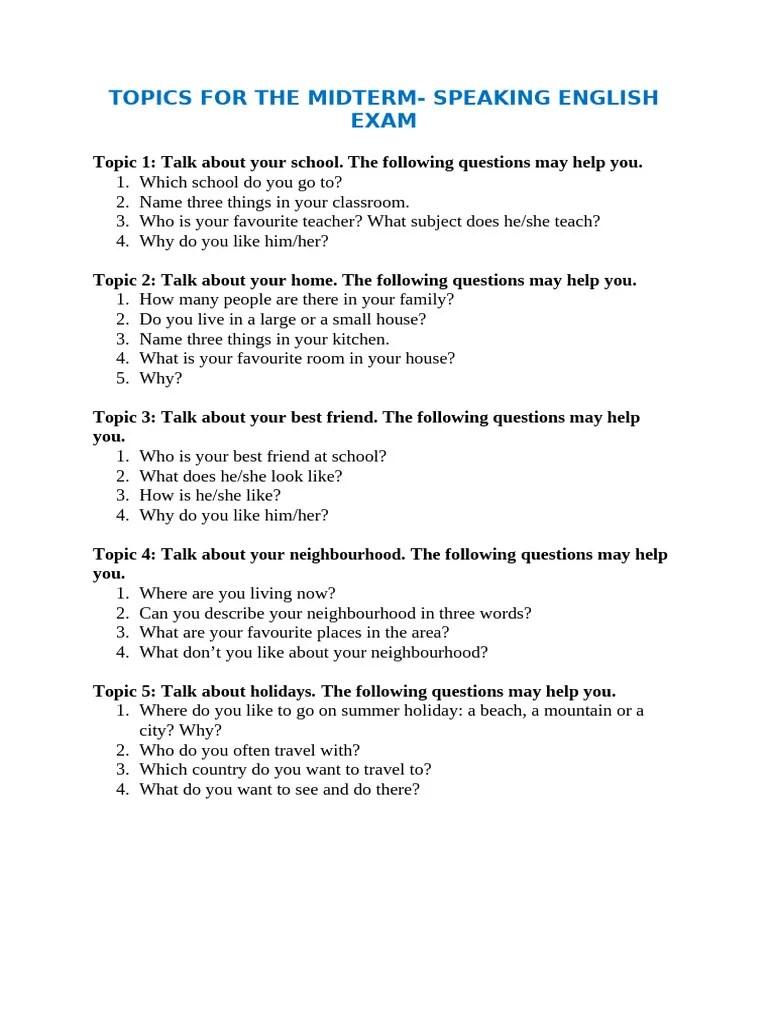 Midterm English Speaking Exam Topics Pdf