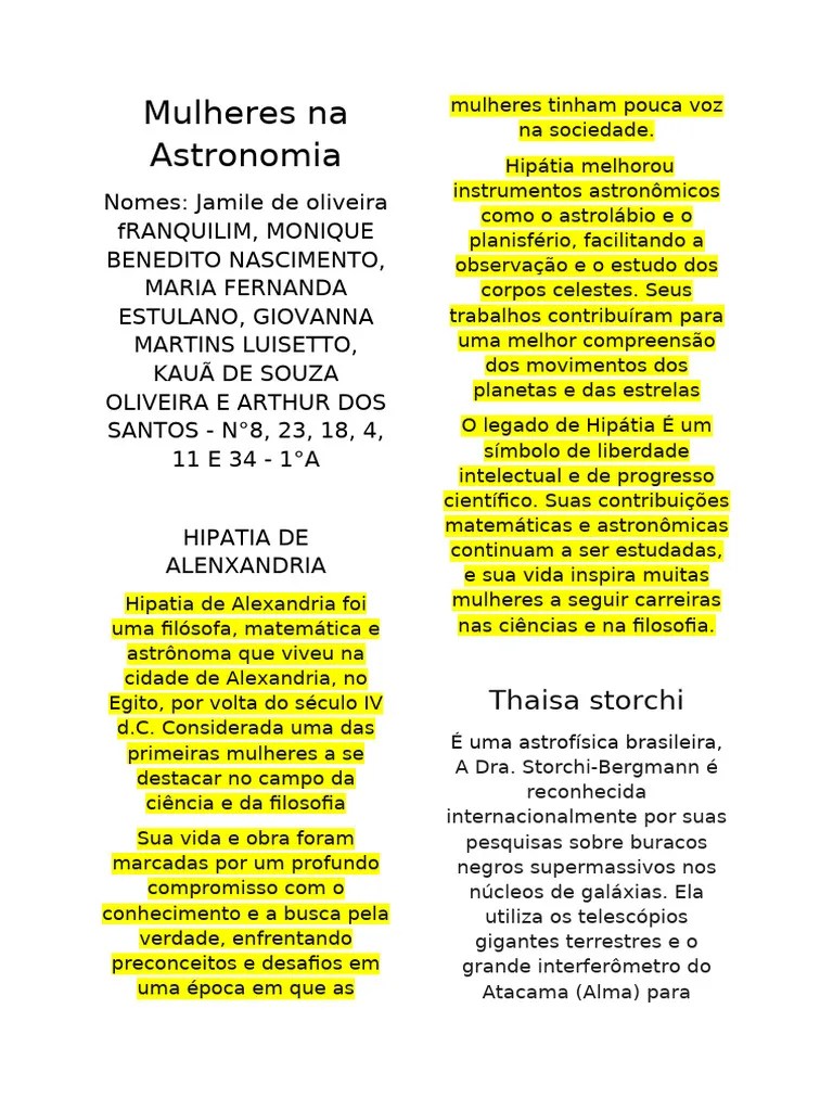Roteiro De Física Mulheres Na Astronomia Pdf Science Astronomia