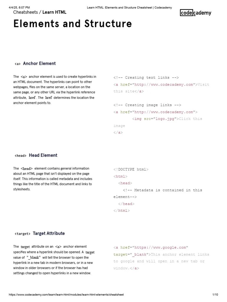 Html Elements And Structure Guide Pdf Html Element Html