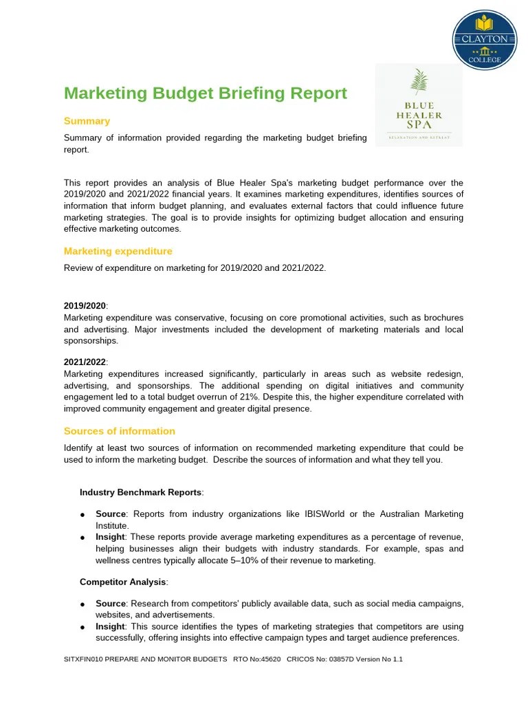 Gv Sitxfin010 Marketing Budget Briefing Report Template Pdf