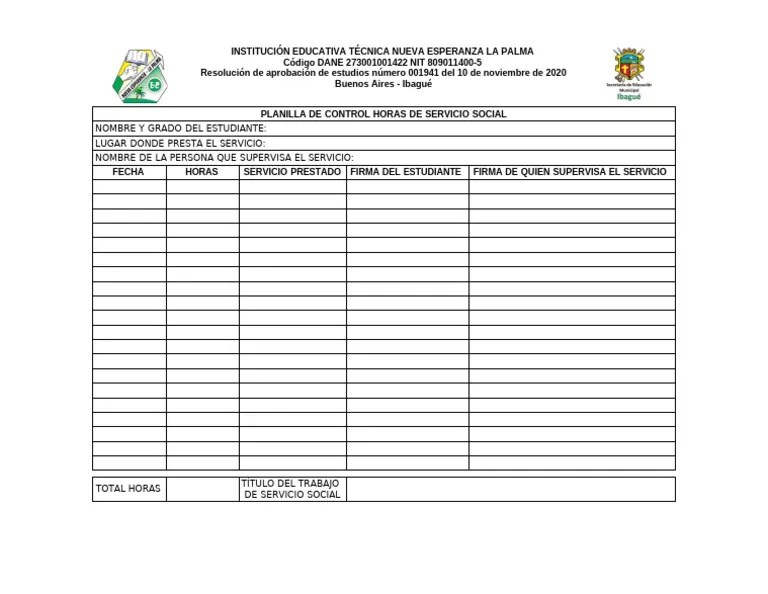 Planilla De Control Horas De Servicio Social Pdf