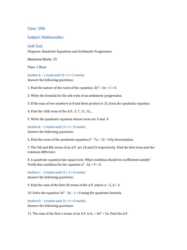 Math Unit Test Quadratic Ap Pdf