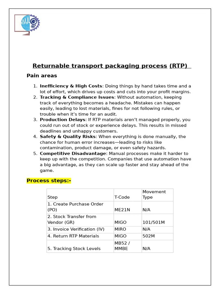Returnable Transport Package Process Autorecovered Pdf Business
