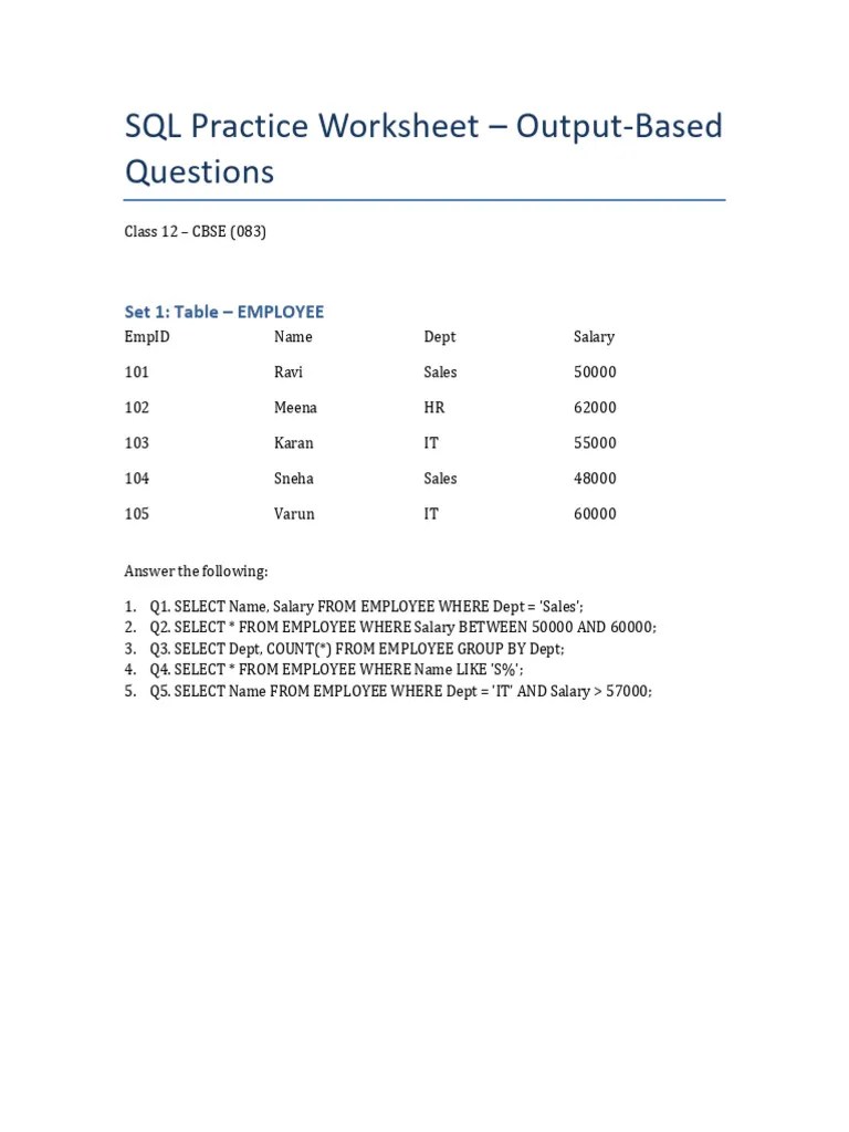 Sql Output Based Worksheet Class12 Pdf