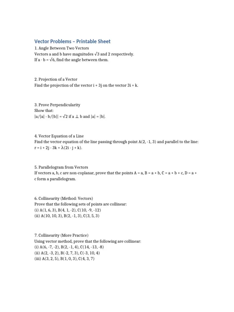 Vector Problems Printable Pdf
