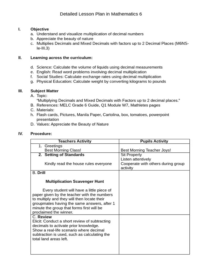 Detailed Lesson Plan In Mathematics 6 2023 Q1 W7 Pdf Numbers