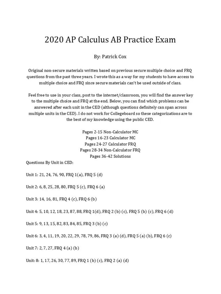 2020 Ap Calculus Ab Exam Practice Pdf Function Mathematics Derivative