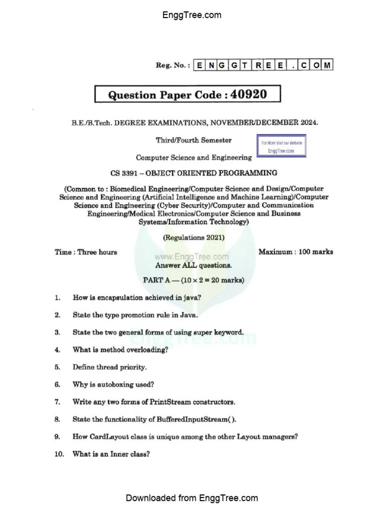 Cs3391 Object Oriented Programming Nov Dec 2024 Question Paper Download