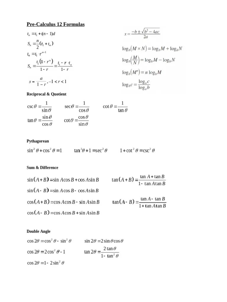 Pre Calculus 12 Formula Sheet Pdf
