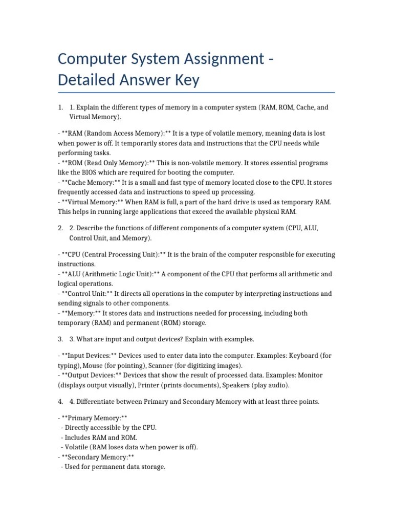 Computer System Assignment Detailed Answer Key Pdf Computer Data