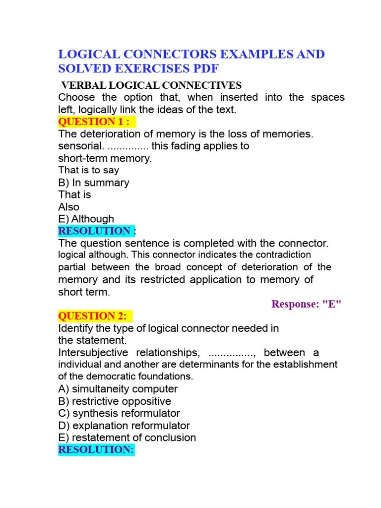 Logical Connectors Examples Exercises Pdf Causality Space