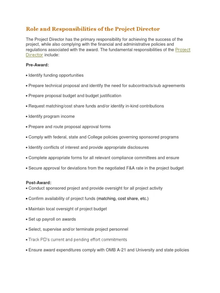 Role And Responsibilities Of The Project Director Pdf