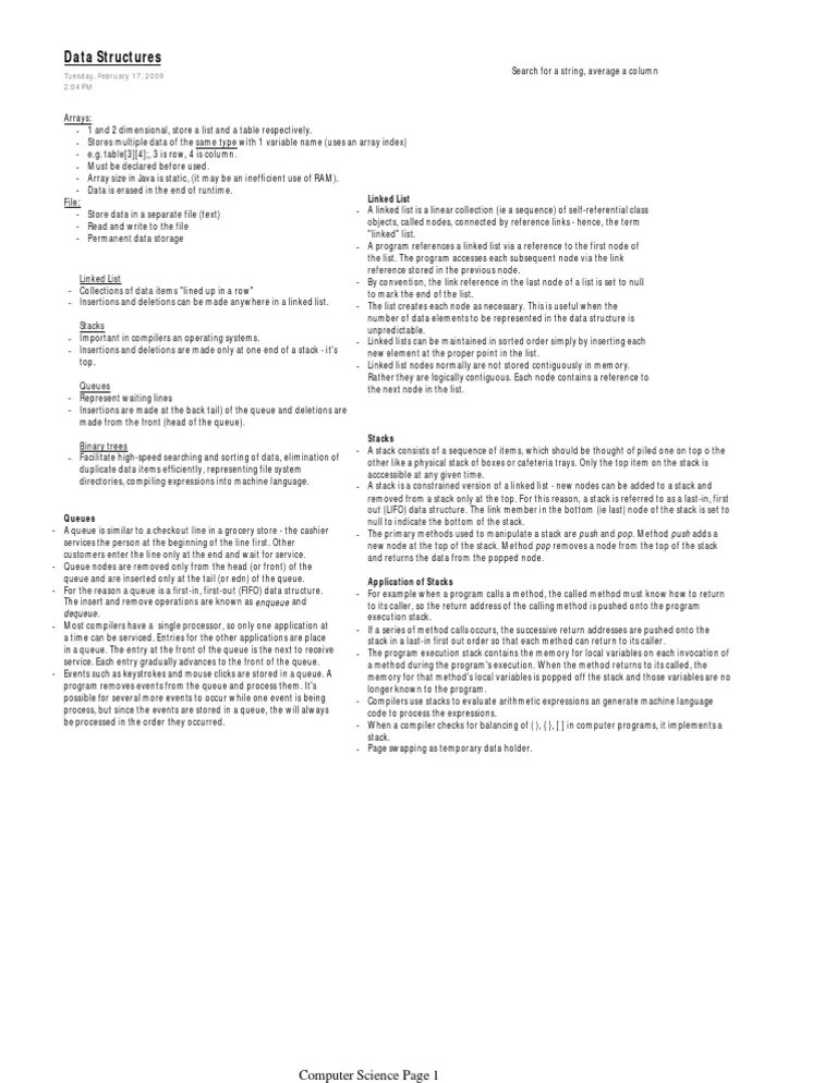 Computer Science Data Structures Pdf Array Data Structure Queue