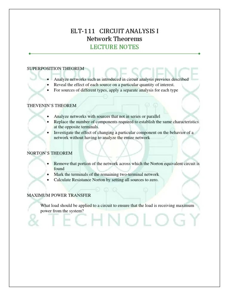 Elt 111 Circuit Analysis I Network Theorems Lecture Notes Pdf