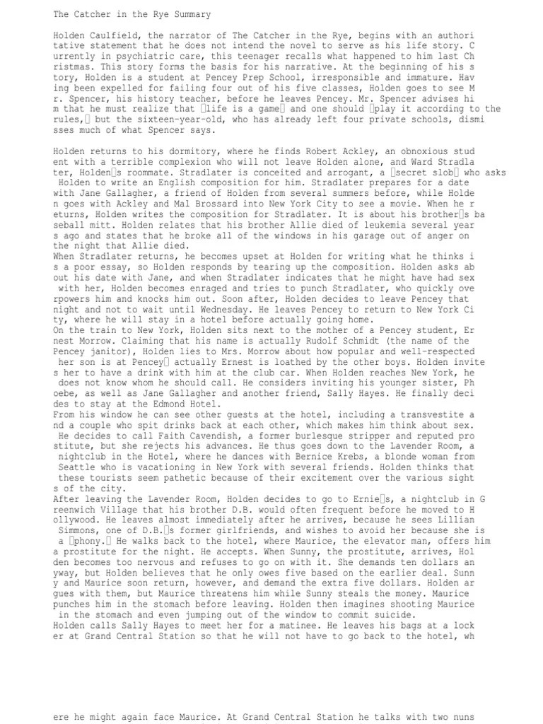 The Catcher In The Rye Summary Pdf
