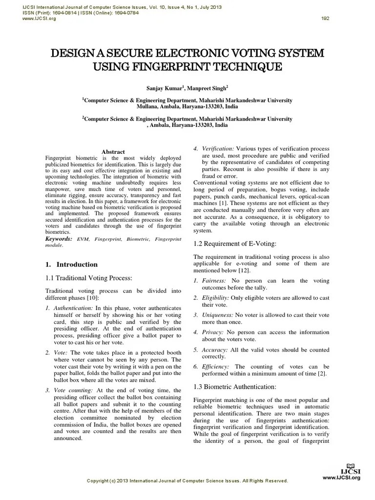 Design A Secure Electronic Voting System Using Fingerprint Technique