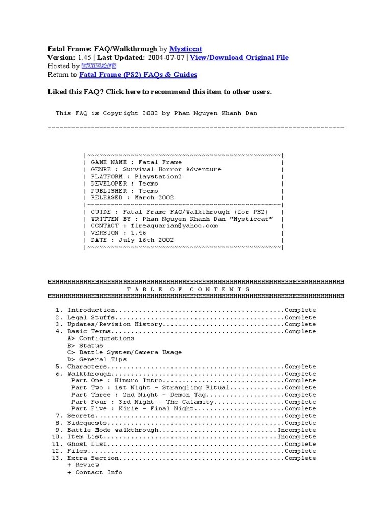 Fatal Frame 1 Walkthrouh Pdf Strategy Guide Camera