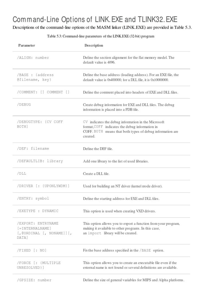 Command Line Options Of Link Exe And Tlink32 Exe Download Free Pdf