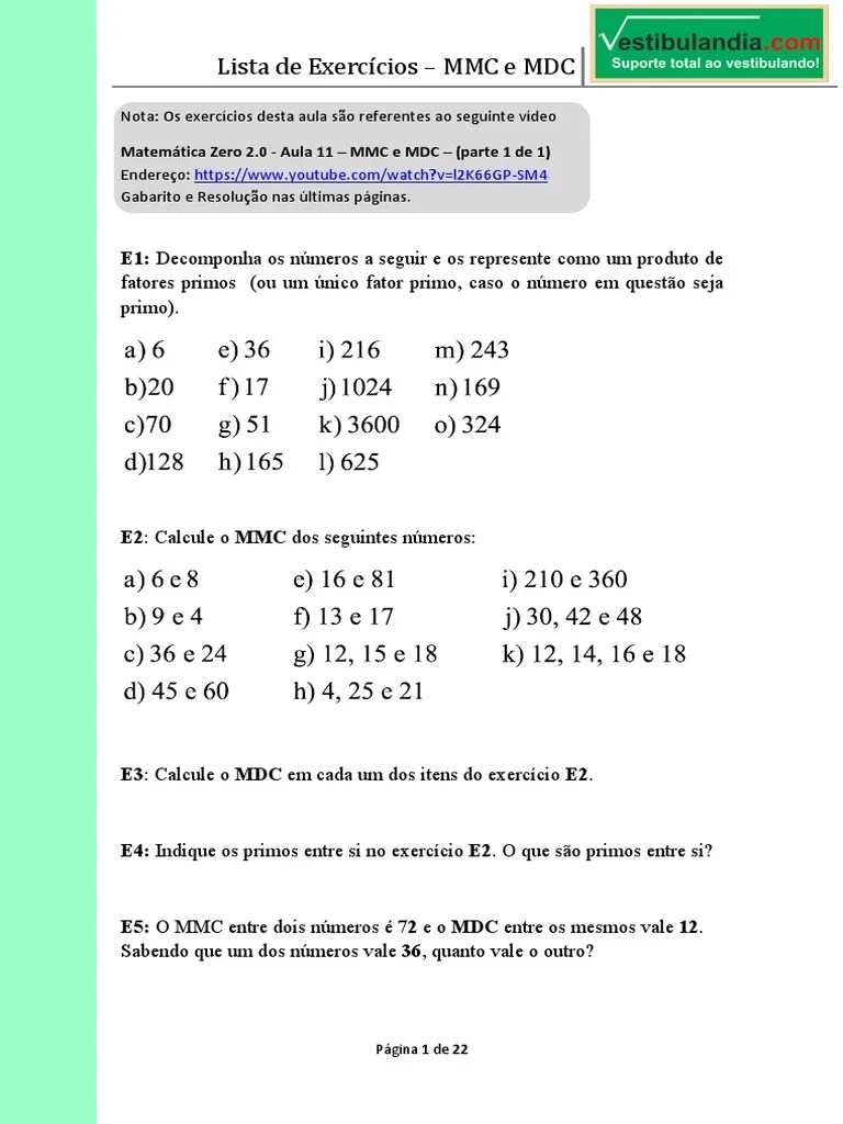 Mmc E Mdc Pdf Número Primo Exponenciação