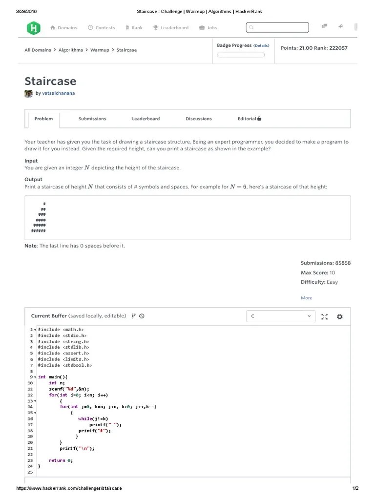 Staircase Challenge Warmup Algorithms Hackerrank Pdf