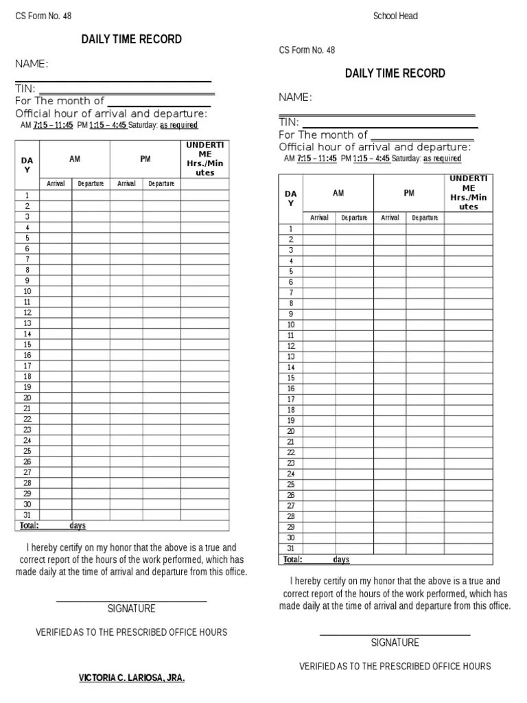 Deped Daily Time Record Form 48 Pdf