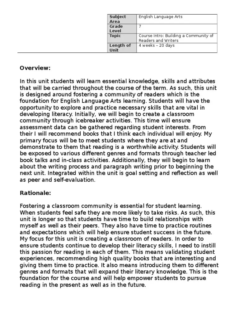 Course Introduction Unit Plan Pdf Educational Assessment