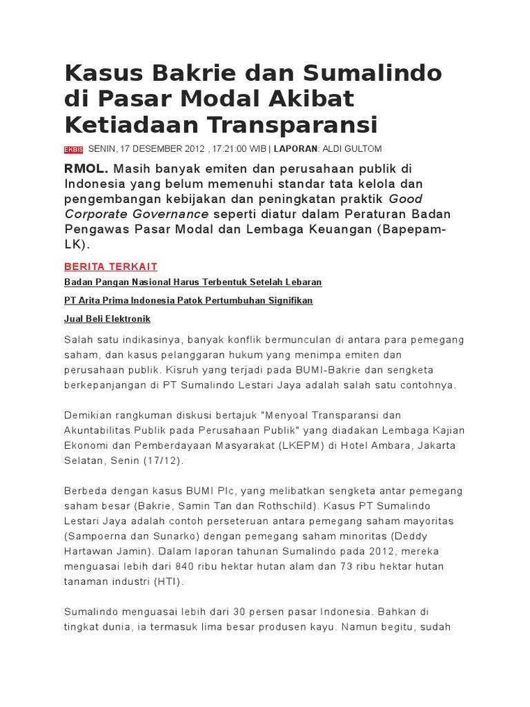 Kasus Bakrie Dan Sumalindo Di Pasar Modal Akibat Ketiadaan Transparansi