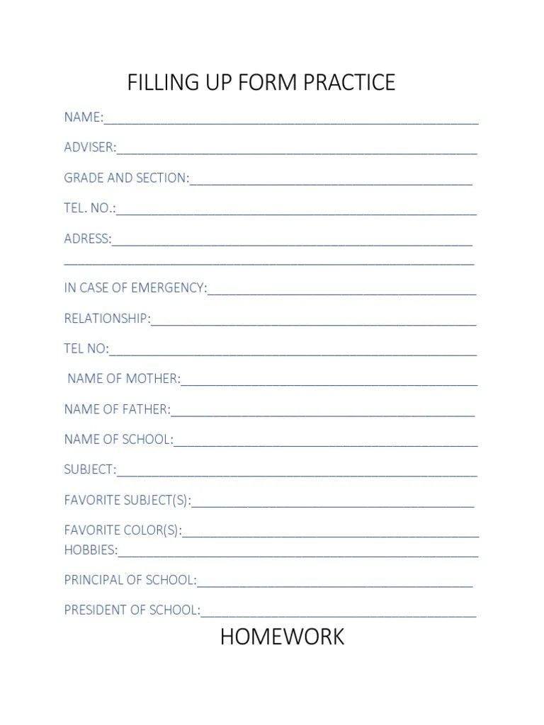 Form Filling Practice Worksheet Pdf