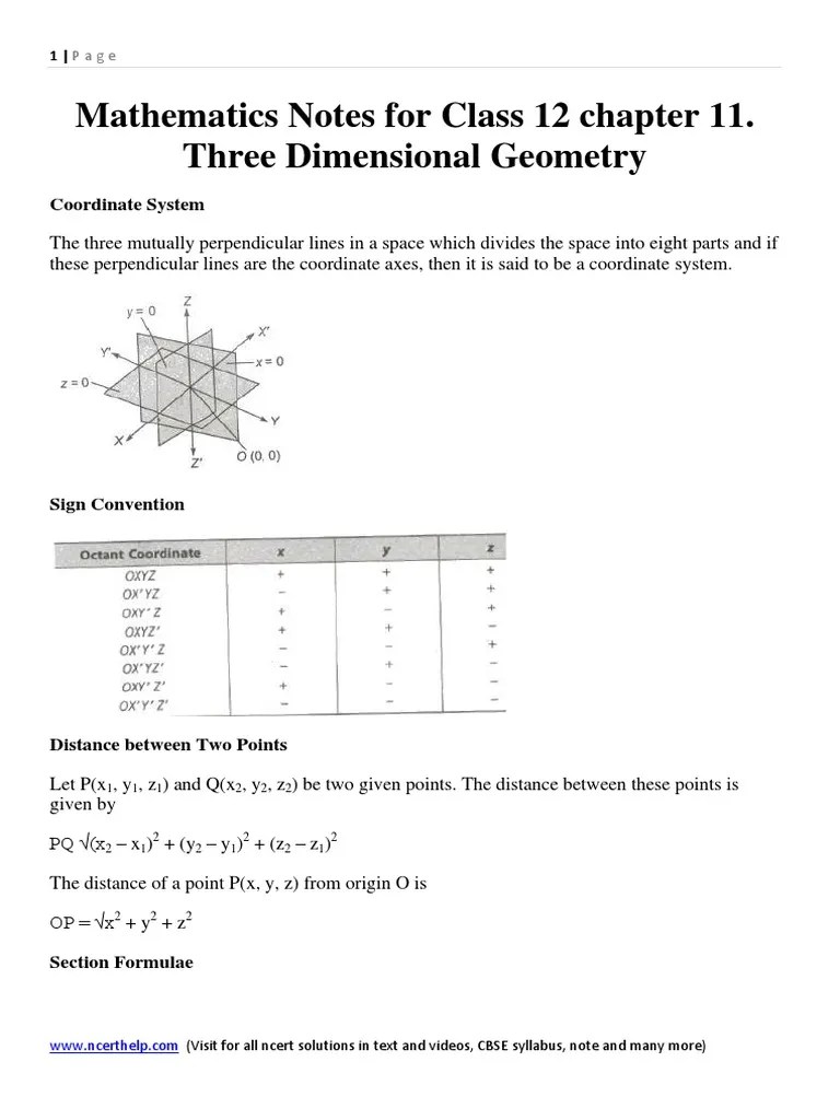 Class 12 Math 3d Geometry Notes Pdf Line Geometry Plane Geometry