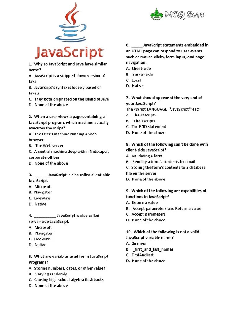 Javascript Mcq Questions And Answers Pdf Dynamic Web Page Java Script