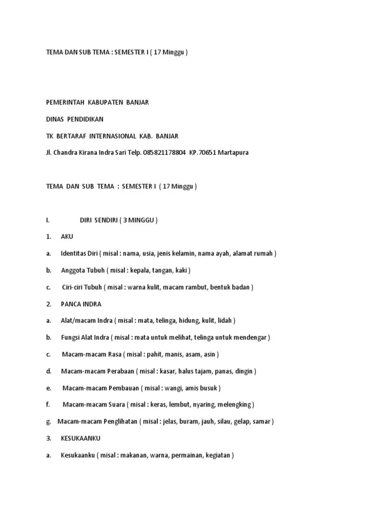 Tema Dan Sub Tema Semester I Tk Pdf