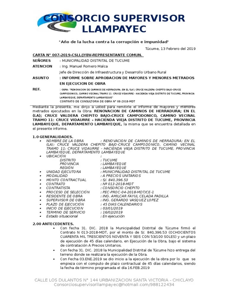 Informe De Aprobación De Mayores Metrados Pdf Presupuesto