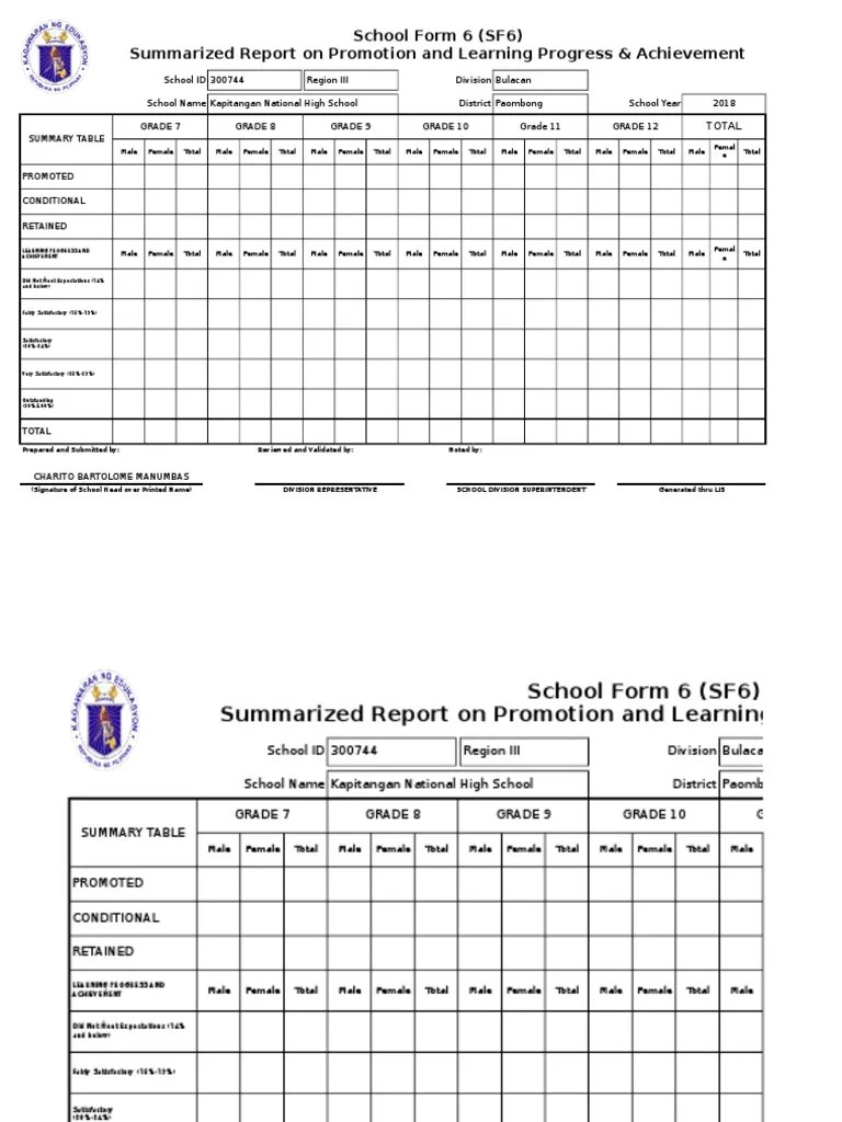 School Form 6 Sf6 Summarized Report On Promotion And Learning