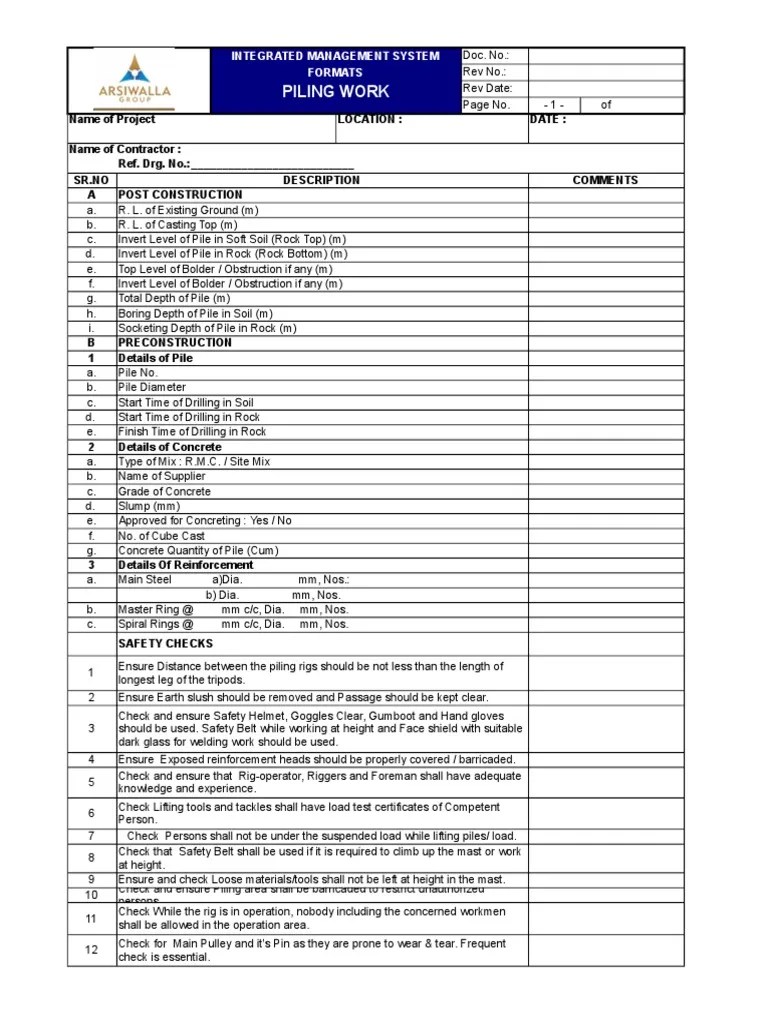 Piling Work Inspection Checklist Pdf Deep Foundation Infrastructure