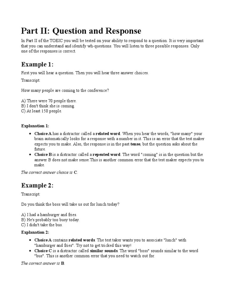 Toeic Question And Response Pdf Question Word